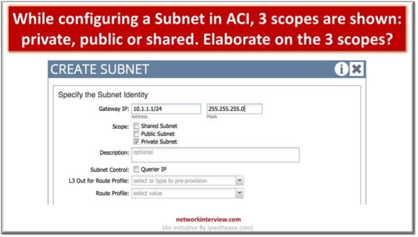 While Configuring a Subnet in ACI, 3 scopes are shown: Private, Public or Shared. Elaborate the ...