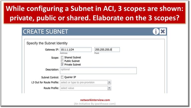 While Configuring a Subnet in ACI, 3 scopes are shown: Private, Public ...